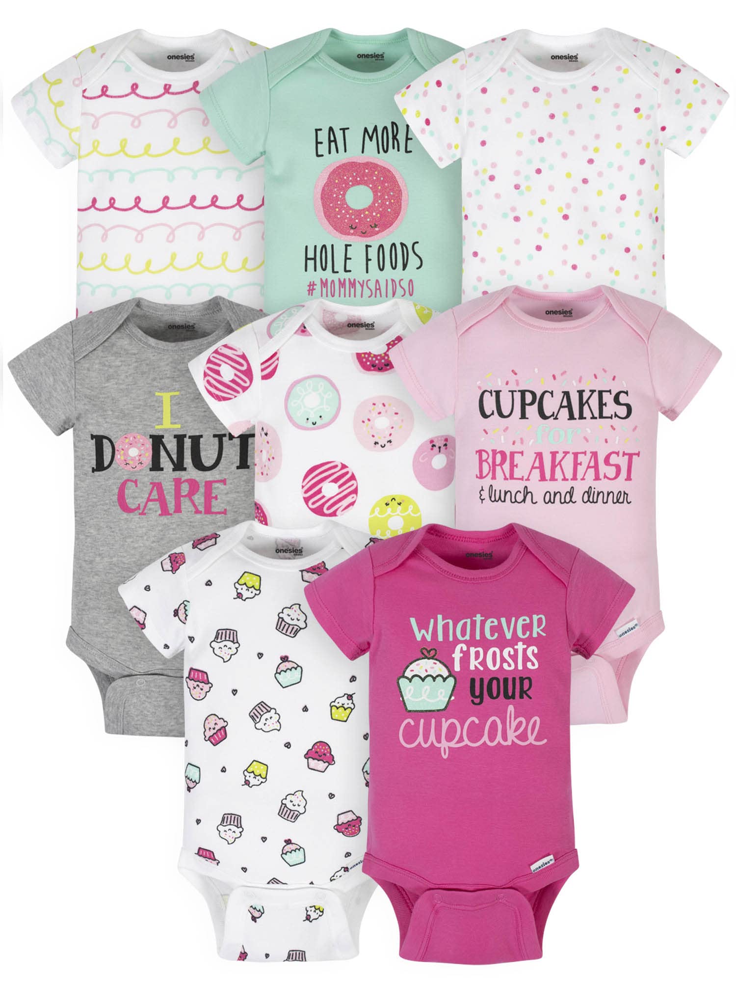 Onesies Brand Baby Girl's 8-Pack Short Sleeve Mix & Match Bodysuits, Pink Sweet Treats, 6-9 Months