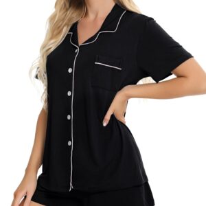 SWOMOG Womens Button Down Pajamas Set Short Sleeve Sleepwear Bride Soft Pj Lounge Sets XS-3XL Black XX-Large