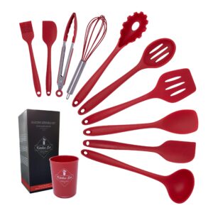 k & g silicone cooking utensils set 11 pcs red kitchen utensils set with holder, spatula, whisk, tongs, soup ladle, silicone spoon & more. non-stick, dishwasher safe, odorless, cookware set friendly