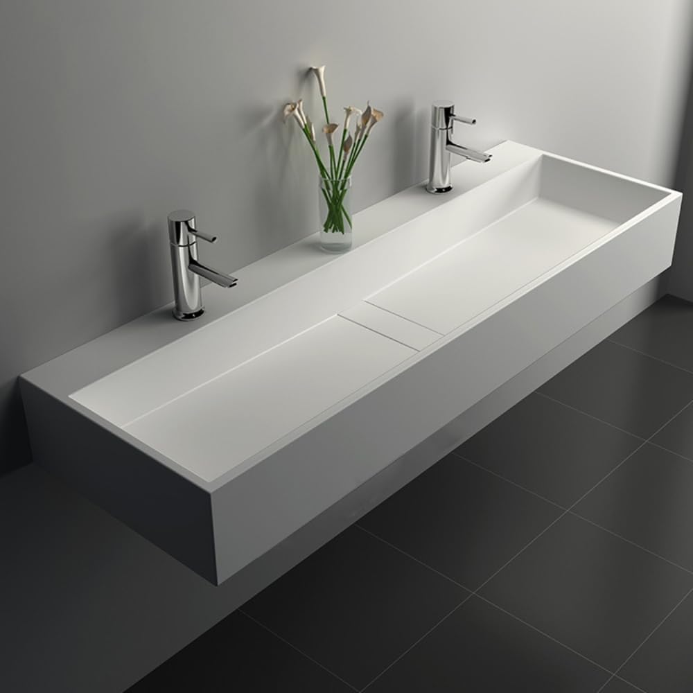 Weibath 47'' Bathroom Vessel Sink Double-Bowl Bathroom Sink Wall Mounted Trough Floating Sink in Matte White