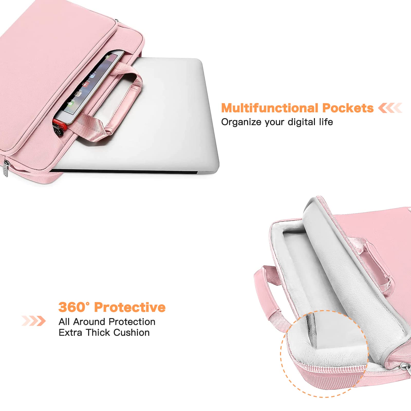 MOSISO 360 Protective Laptop Shoulder Bag Compatible with MacBook Air 15 inch M2 A2941 2023/Pro 16 inch M3 M2 M1 2023-2019, 15-15.6 inch Notebook,Matching Color Sleeve with Belt, Pink