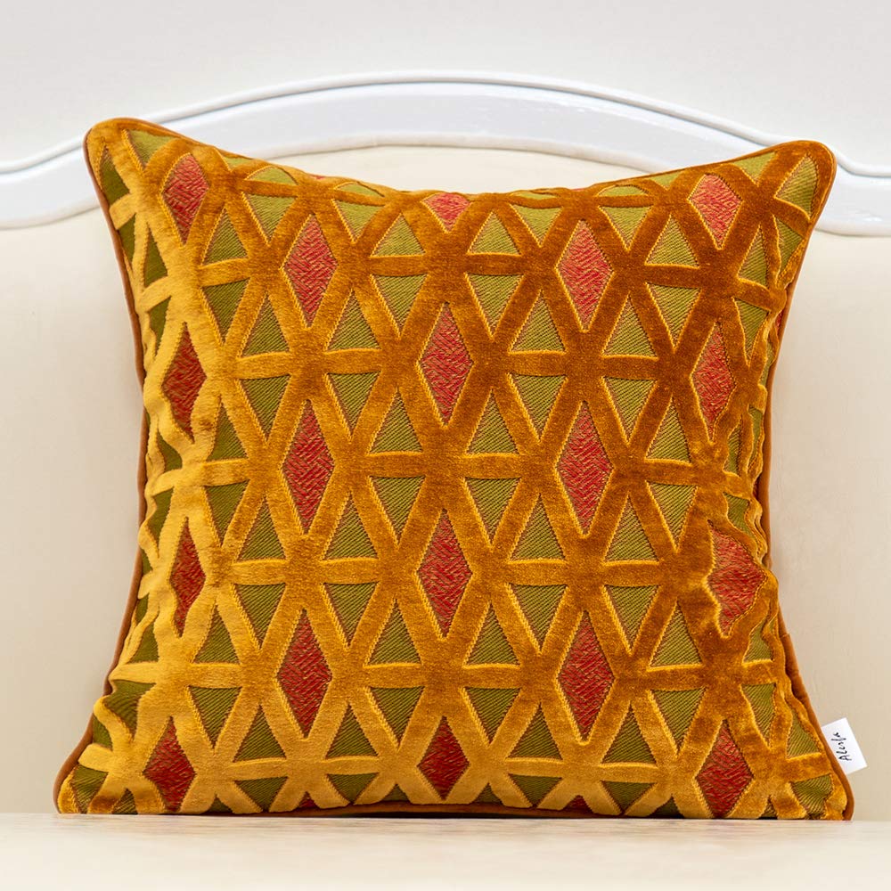 Alerfa 18 x 18 Inch Square Diamond Plaid Striped Embroidery Cut Velvet Cushion Case Luxury Modern Throw Pillow Cover Decorative Pillow for Couch Sofa Living Room Bedroom Car, Orange