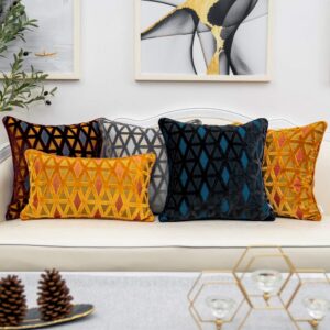 Alerfa 18 x 18 Inch Square Diamond Plaid Striped Embroidery Cut Velvet Cushion Case Luxury Modern Throw Pillow Cover Decorative Pillow for Couch Sofa Living Room Bedroom Car, Orange