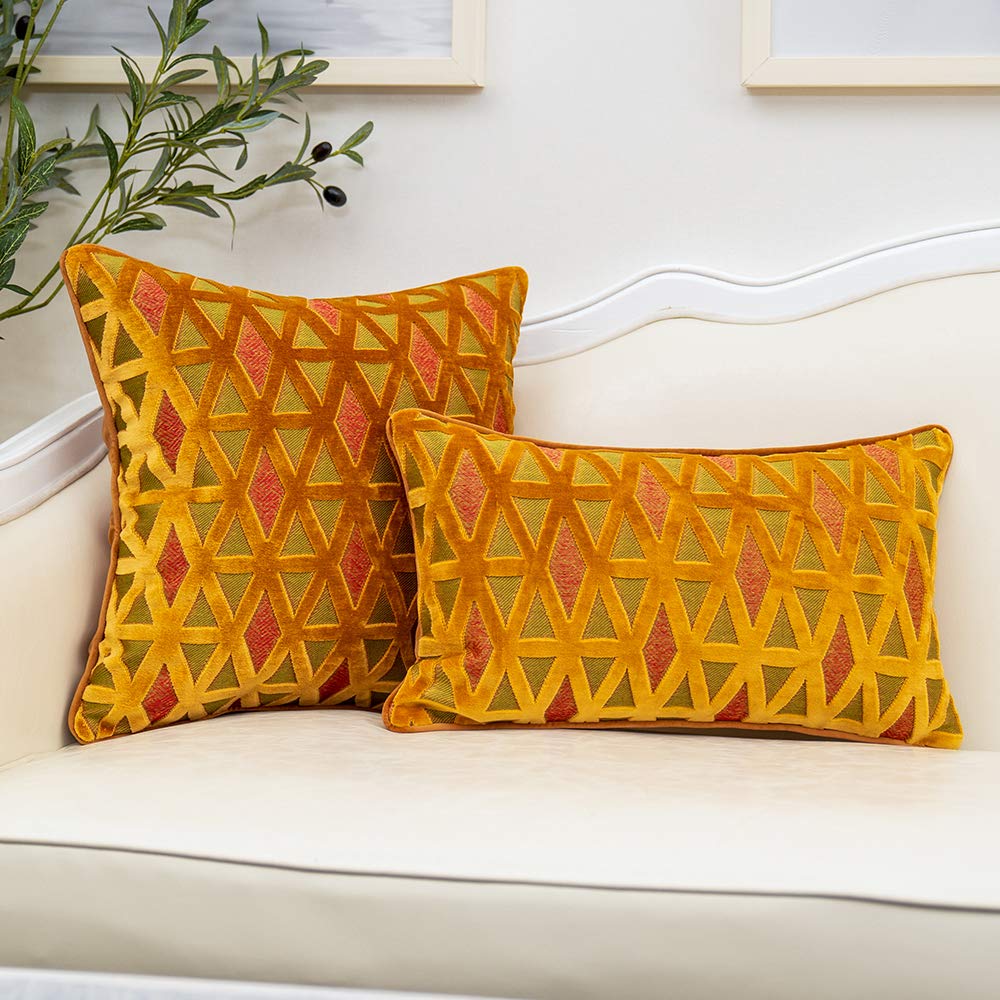 Alerfa 18 x 18 Inch Square Diamond Plaid Striped Embroidery Cut Velvet Cushion Case Luxury Modern Throw Pillow Cover Decorative Pillow for Couch Sofa Living Room Bedroom Car, Orange