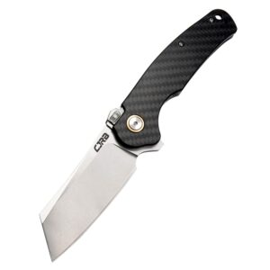 cjrb crag tactical knife,cleaver pocket folding knife with stonewash ar-rpm9 steel blade and carbon fiber handle for men outdoor, survival, camping and edc black (j1904r)