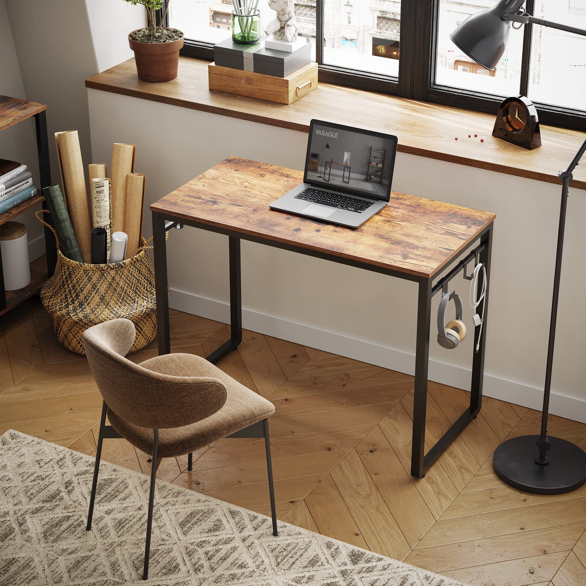 VASAGLE Computer Desk, Office Desk with 8 Hooks, for Study, Home Office, Easy Assembly, Steel Frame, Industrial, 39.4 x 19.7 x 29.5 Inches, Rustic Brown and Black ULWD045B01