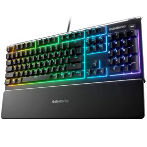 steelseries apex 3 rgb gaming keyboard – 10-zone rgb illumination – ip32 water resistant – premium magnetic wrist rest (whisper quiet gaming switch) (renewed)