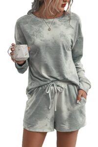 prettygarden women's tie dye printed pajamas set casual long sleeve tops with lounge shorts two piece sleepwear (grey,medium)