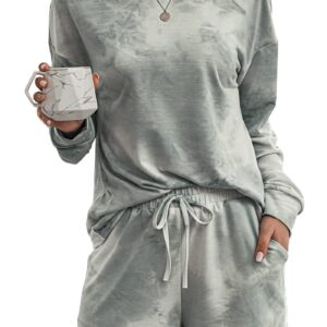 PRETTYGARDEN Women's Tie Dye Printed Pajamas Set Casual Long Sleeve Tops with Lounge Shorts Two Piece Sleepwear (Grey,Medium)