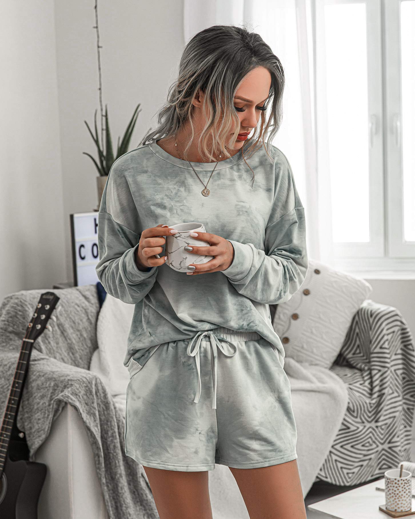 PRETTYGARDEN Women's Tie Dye Printed Pajamas Set Casual Long Sleeve Tops with Lounge Shorts Two Piece Sleepwear (Grey,Medium)