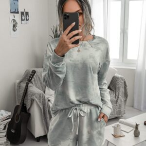 PRETTYGARDEN Women's Tie Dye Printed Pajamas Set Casual Long Sleeve Tops with Lounge Shorts Two Piece Sleepwear (Grey,Medium)