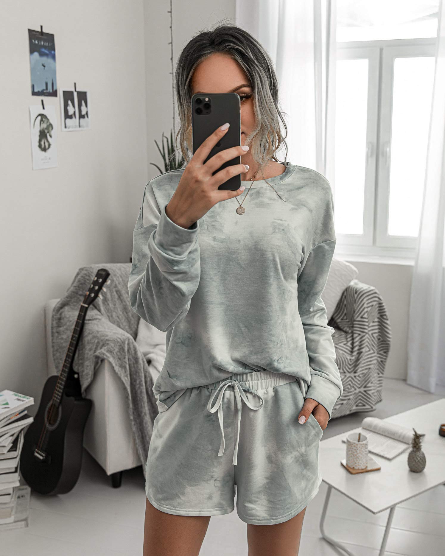 PRETTYGARDEN Women's Tie Dye Printed Pajamas Set Casual Long Sleeve Tops with Lounge Shorts Two Piece Sleepwear (Grey,Medium)