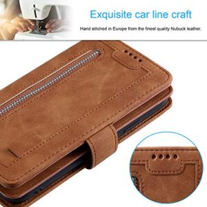 UEEBAI Wallet Case for iPhone 7 Plus iPhone 8 Plus, Retro 9 Card Slots Zipper Pocket Handbag Case PU Leather Magnetic Closure Kickstand with Wrist Strap TPU Flip Case - Brown