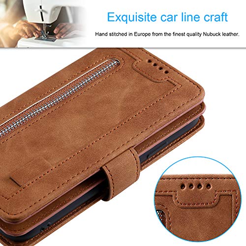 UEEBAI Wallet Case for iPhone 7 Plus iPhone 8 Plus, Retro 9 Card Slots Zipper Pocket Handbag Case PU Leather Magnetic Closure Kickstand with Wrist Strap TPU Flip Case - Brown