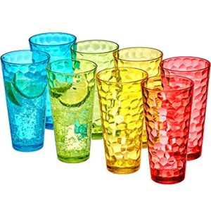 amazing abby - iceberg - 24-ounce plastic tumblers (set of 8), plastic drinking glasses, mixed-color high-balls, reusable plastic cups, stackable, bpa-free, shatter-proof, dishwasher-safe