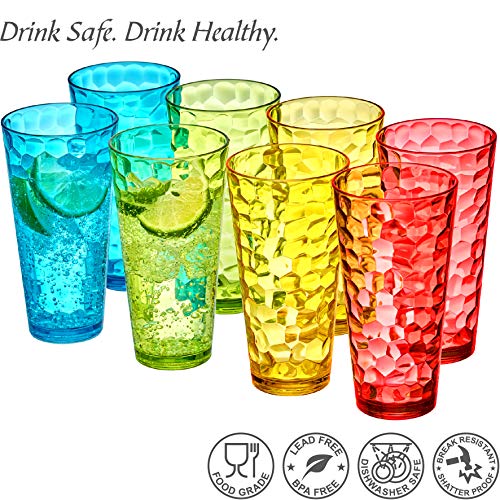 Amazing Abby - Iceberg - 24-Ounce Plastic Tumblers (Set of 8), Plastic Drinking Glasses, Mixed-Color High-Balls, Reusable Plastic Cups, Stackable, BPA-Free, Shatter-Proof, Dishwasher-Safe