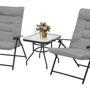 Oakcloud 3-Piece Patio Bistro Set Padded Folding Chair Set Adjustable Reclining Lounge Chairs with Cushion & Tempered Glass Coffee Table, Grey