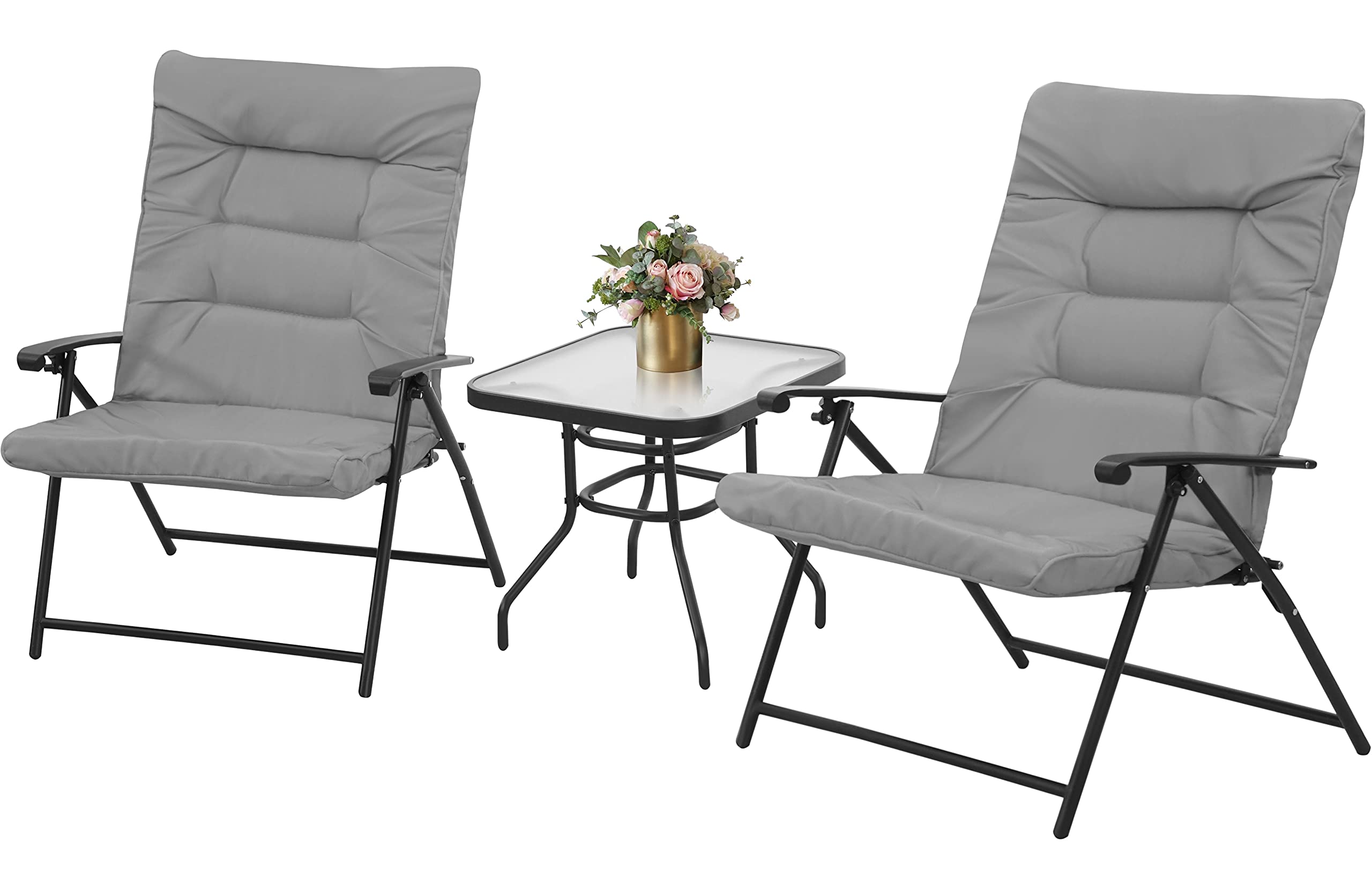 Oakcloud 3-Piece Patio Bistro Set Padded Folding Chair Set Adjustable Reclining Lounge Chairs with Cushion & Tempered Glass Coffee Table, Grey