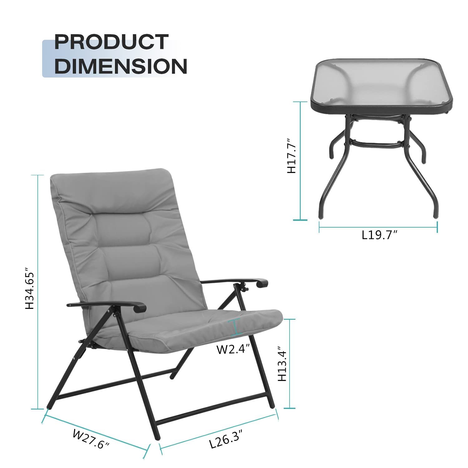 Oakcloud 3-Piece Patio Bistro Set Padded Folding Chair Set Adjustable Reclining Lounge Chairs with Cushion & Tempered Glass Coffee Table, Grey