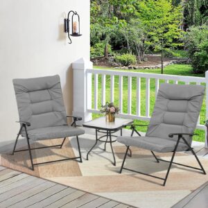 Oakcloud 3-Piece Patio Bistro Set Padded Folding Chair Set Adjustable Reclining Lounge Chairs with Cushion & Tempered Glass Coffee Table, Grey