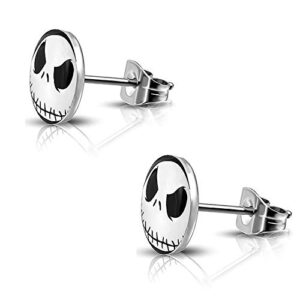 hengyid 316l surgical stainless steel jack skellington round circle button stud post earrings(10 mm) (silver)