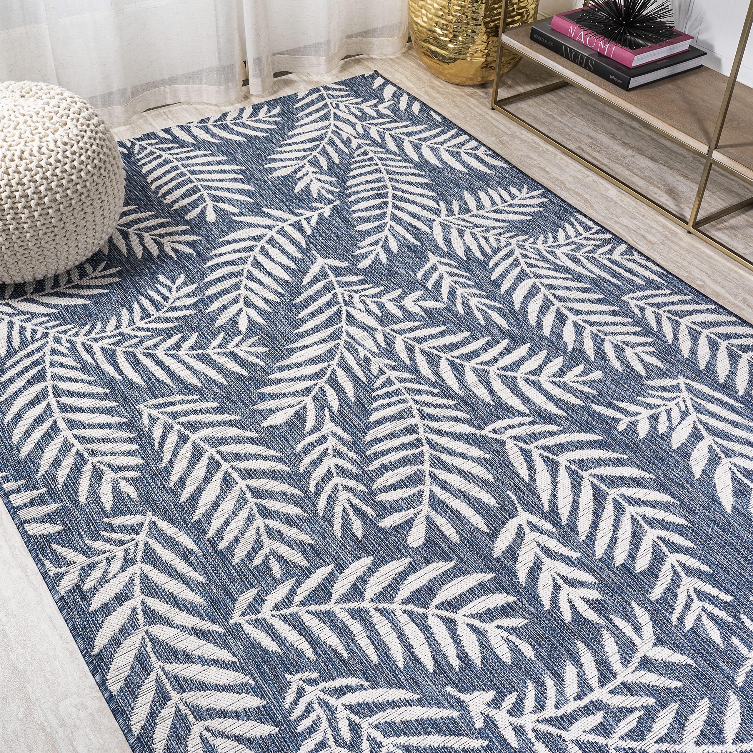 JONATHAN Y SMB119B-3 Nevis Palm Frond Indoor Outdoor Area-Rug Coastal Floral Easy-Cleaning Bedroom Kitchen Backyard Patio Non Shedding, 3 X 5, Navy/Ivory