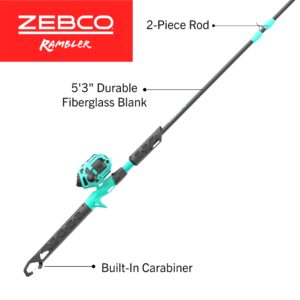 Zebco Kids Rambler Spincast Reel and Fishing Rod Combo, 5-Foot 3-Inch 2-Piece Fishing Pole, Size 30 Reel, Changeable Right- or Left-Hand Retrieve, Pre-Spooled with 8-Pound Zebco Cajun Line