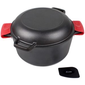 cast iron dutch oven with skillet lid - 10.23” diameter, 5 qt - multi cooker stock pot for frying, cooking, baking & broiling + 2 silicone potholders