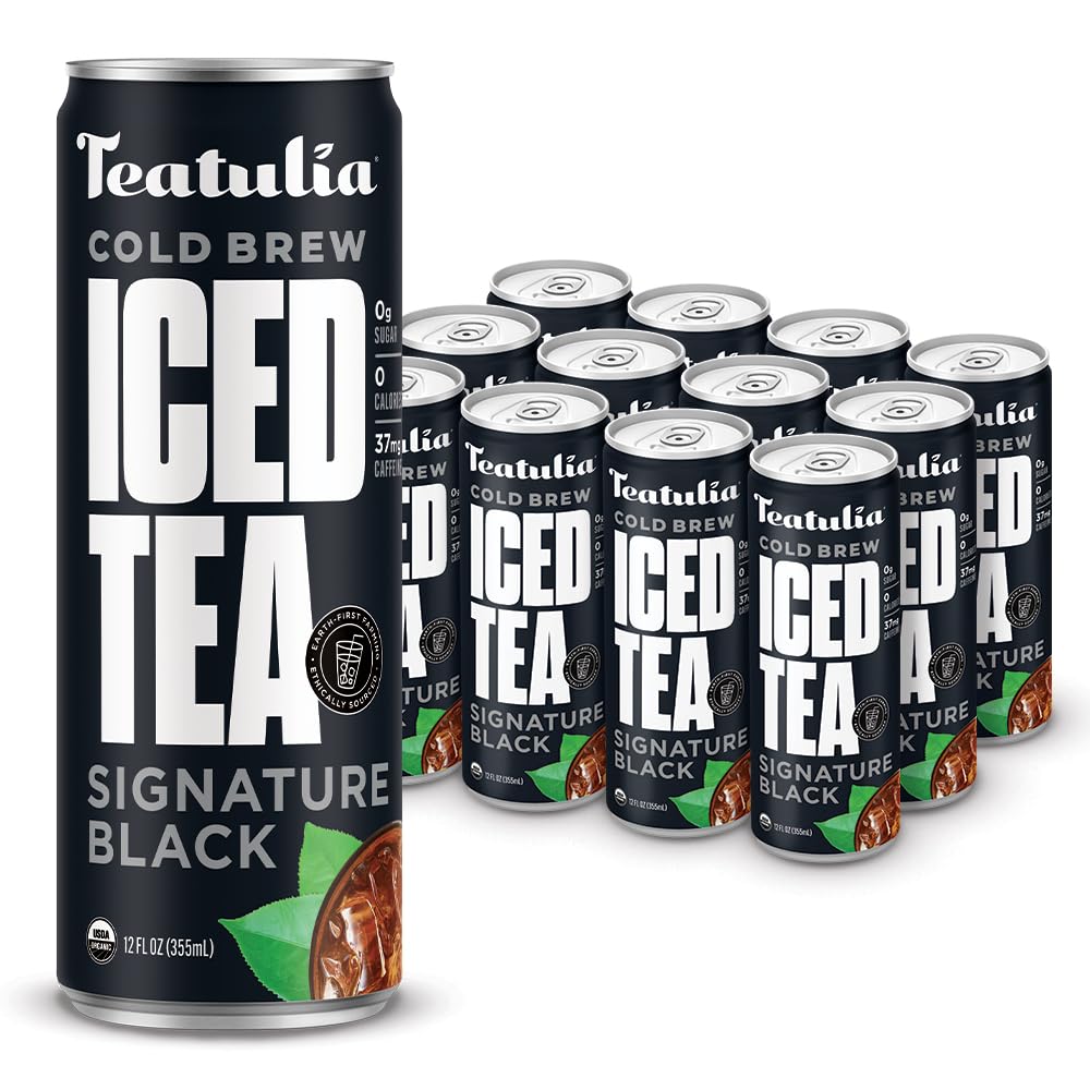 Teatulia Unsweetened Signature Black Organic Iced Tea Cans | 12 Slim 12oz Cans | Still Cold Brewed Sugar-Free Tea Caffeinated