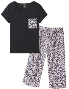 hong hui women's capri pajama sets plus size stylish print sleepwear with pocket black