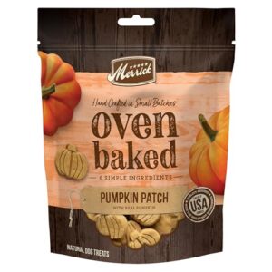 merrick oven baked dog treats, natural and crunchy bag of treats, pumpkin patch with real pumpkin snack - 11 oz. bag