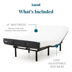 LUCID 8 Inch Twin XL-Mattress and L150 Adjustable Bed Base – Plush Gel Memory Foam-Mattress – Bamboo Charcoal – CertiPUR-US Certified – Easy Assembly