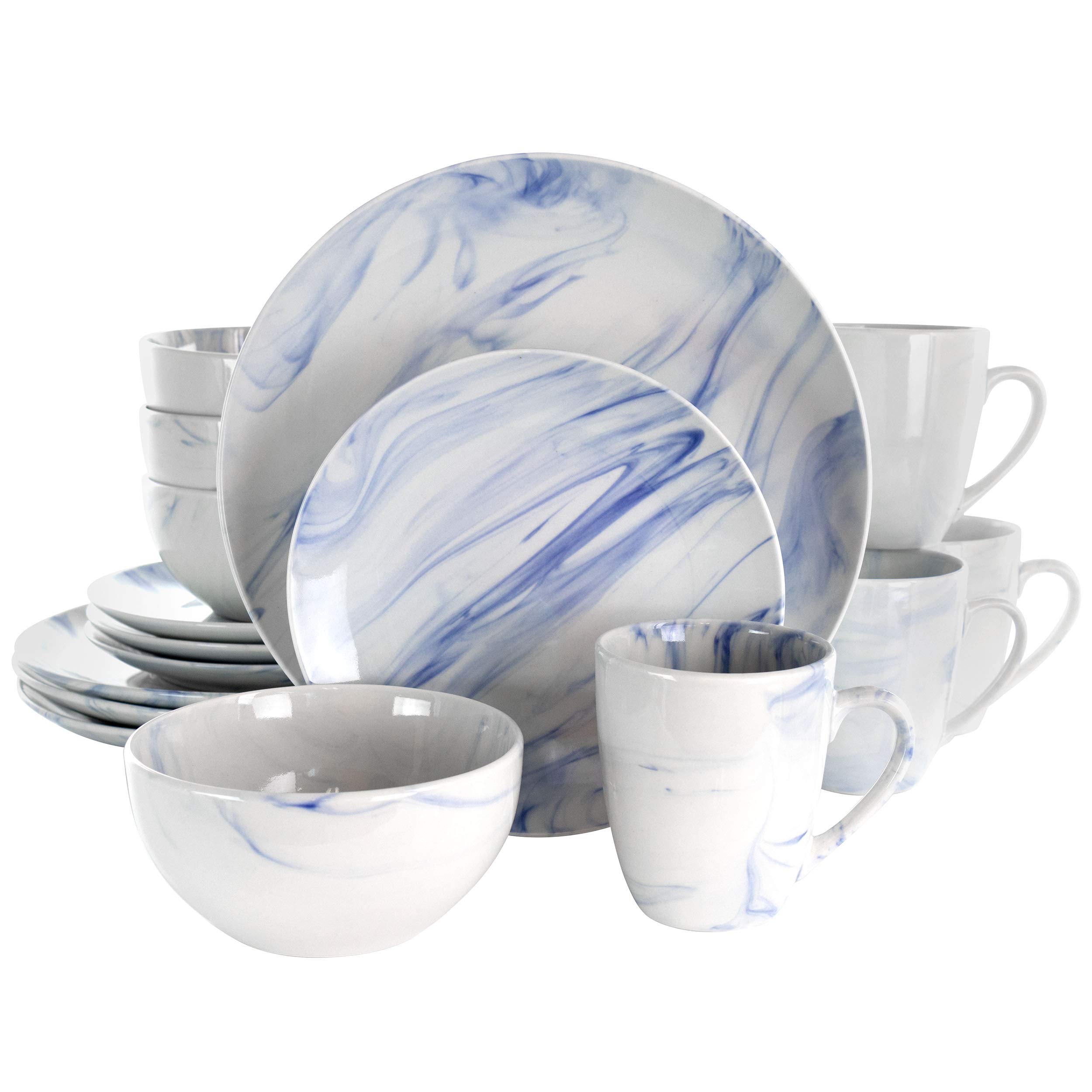 Elama Fine Round Gloss Dinnerware Dish Set, 16 Piece, Blue and White Marble