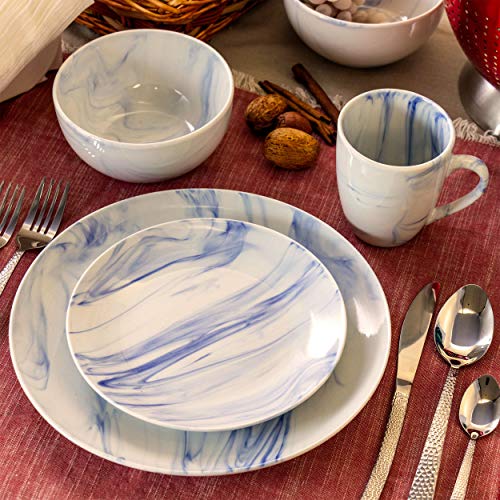 Elama Fine Round Gloss Dinnerware Dish Set, 16 Piece, Blue and White Marble