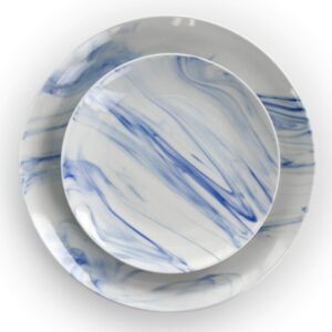 Elama Fine Round Gloss Dinnerware Dish Set, 16 Piece, Blue and White Marble