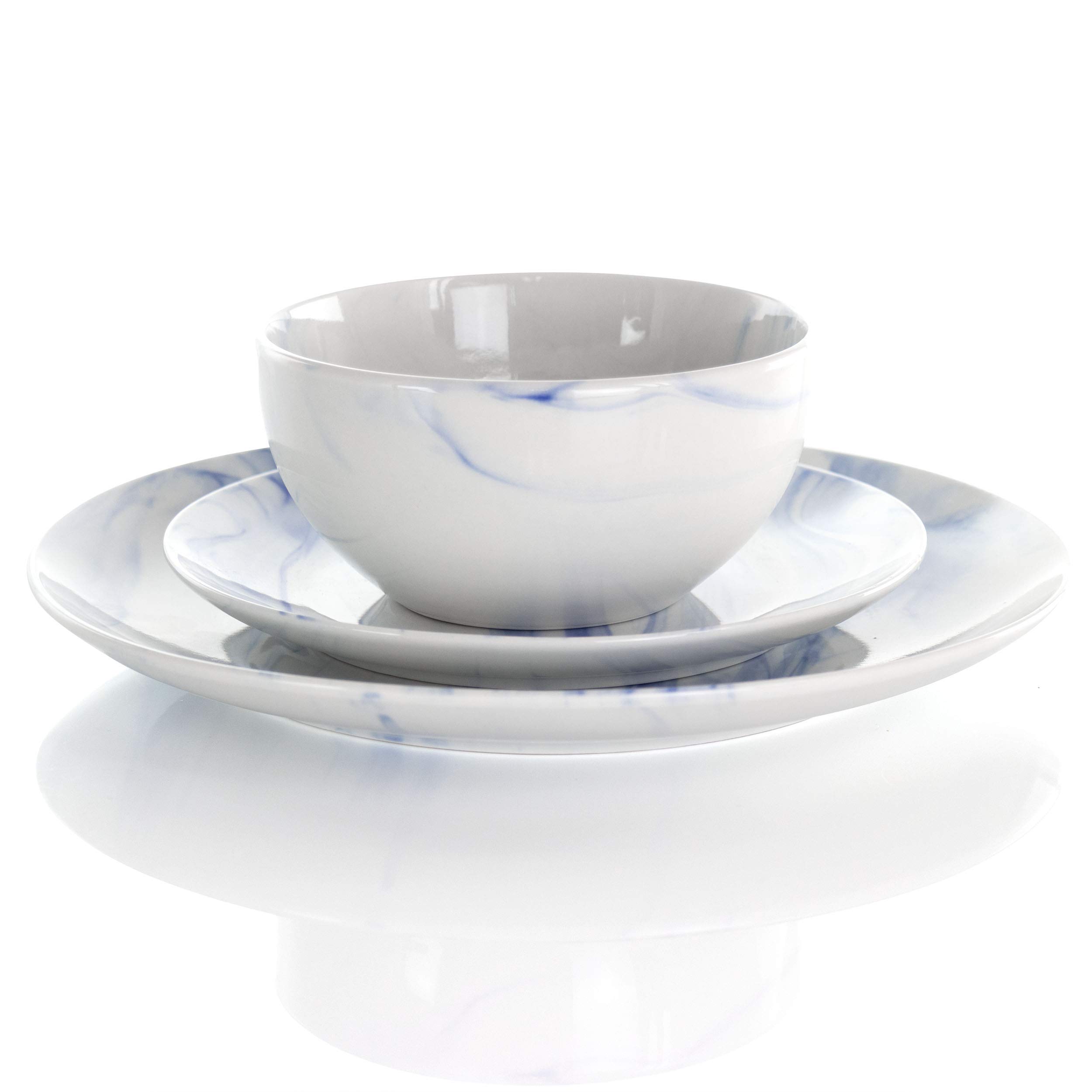 Elama Fine Round Gloss Dinnerware Dish Set, 16 Piece, Blue and White Marble