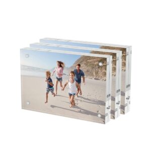 aitee 4x6 acrylic picture frames 3 pack, 20% thicker block, clear picture frames freestanding double sided magnetic acrylic lucite frameless transparent square frame gift for desktop display