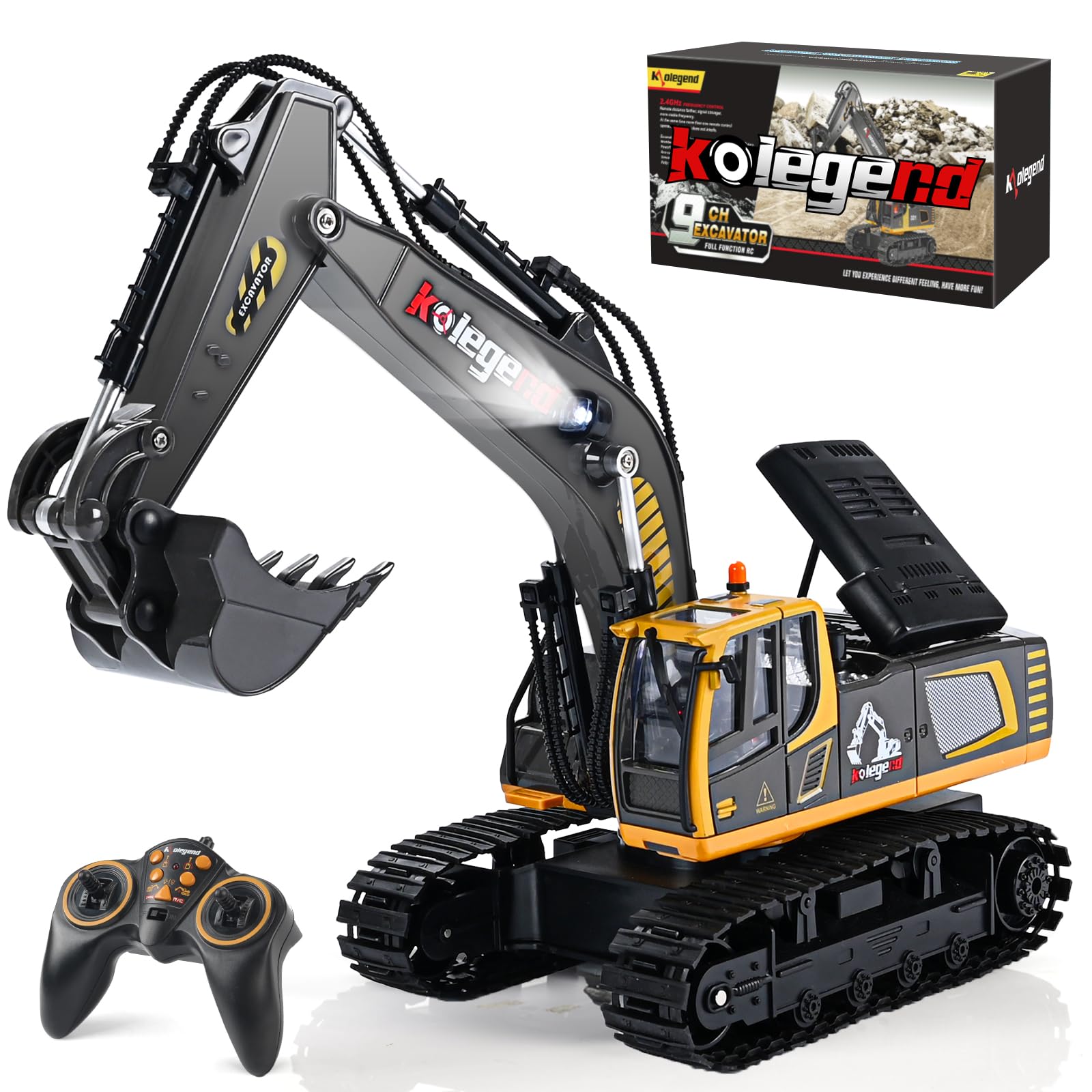 kolegend Remote Control Excavator Toy 16 Inch, 11 Channel RC Construction Vehicles Hydraulic Haulers Digger Toys Gift for 6 7 8 9 10 Years Old Kids Boys