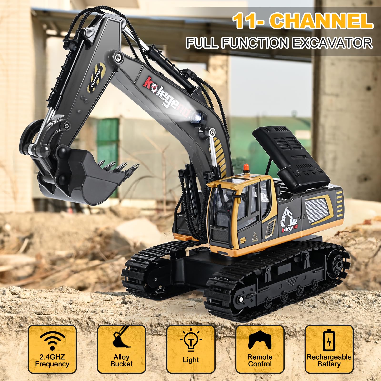 kolegend Remote Control Excavator Toy 16 Inch, 11 Channel RC Construction Vehicles Hydraulic Haulers Digger Toys Gift for 6 7 8 9 10 Years Old Kids Boys