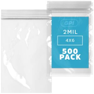 clear plastic reclosable zip bags - bulk gpi pack of 500 4" x 6" 2 mil thick strong & durable poly baggies with resealable zip top lock for travel, storage, packaging & shipping.