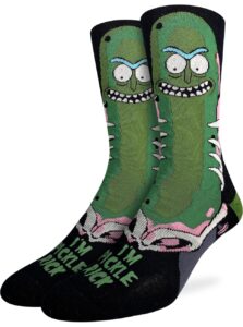 good luck sock men's rick and morty, big pickle rick socks, adult, shoe size 8-13