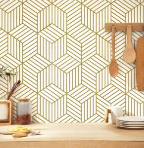 geometric wallpaper peel and stick wallpaper removable self adhesive wall paper white/gold striped hexagon contact paper for cabinets shelf drawer liner renter friendly vinyl roll 17.7"x118.1" upgrade