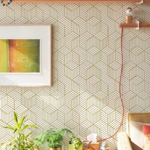 Geometric Wallpaper Peel and Stick Wallpaper Removable Self Adhesive Wall paper White/Gold Striped Hexagon Contact Paper for Cabinets Shelf Drawer Liner Renter Friendly Vinyl Roll 17.7"x118.1" Upgrade