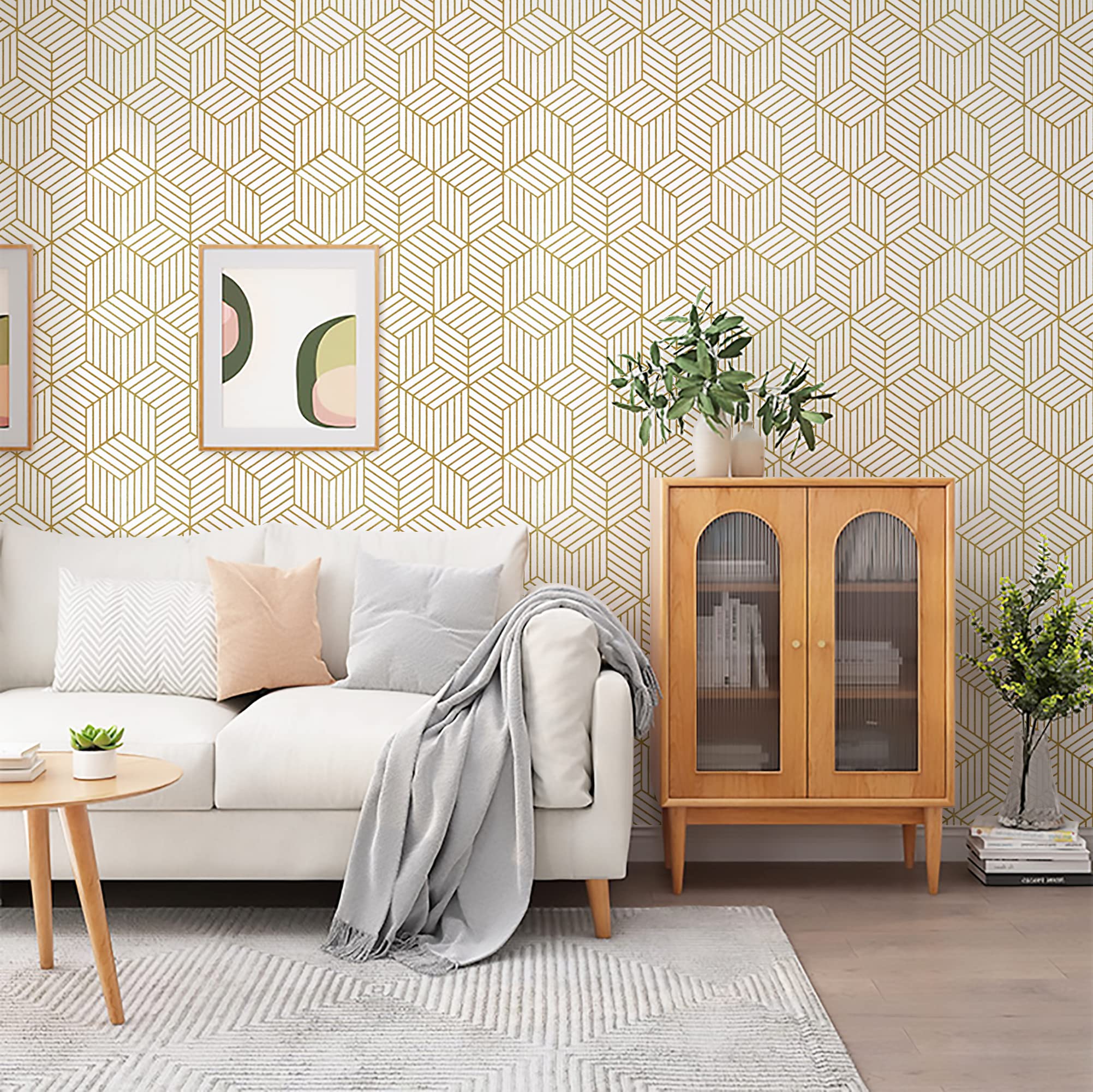 Geometric Wallpaper Peel and Stick Wallpaper Removable Self Adhesive Wall paper White/Gold Striped Hexagon Contact Paper for Cabinets Shelf Drawer Liner Renter Friendly Vinyl Roll 17.7"x118.1" Upgrade