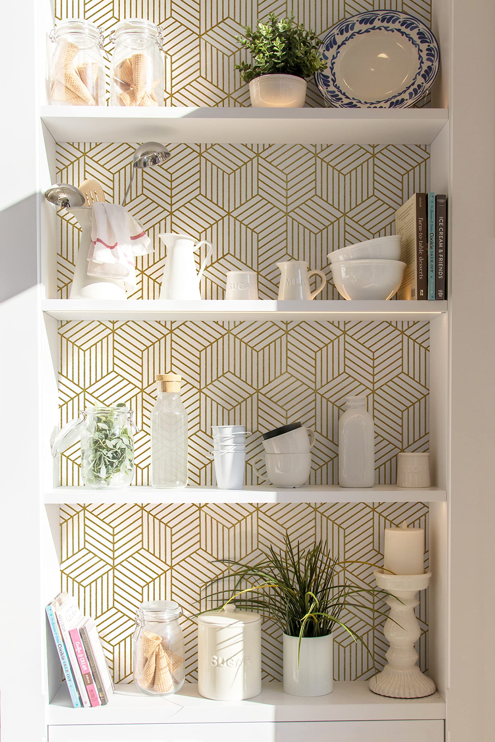 Geometric Wallpaper Peel and Stick Wallpaper Removable Self Adhesive Wall paper White/Gold Striped Hexagon Contact Paper for Cabinets Shelf Drawer Liner Renter Friendly Vinyl Roll 17.7"x118.1" Upgrade