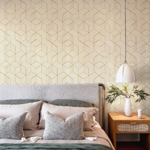 Geometric Wallpaper Peel and Stick Wallpaper Removable Self Adhesive Wall paper White/Gold Striped Hexagon Contact Paper for Cabinets Shelf Drawer Liner Renter Friendly Vinyl Roll 17.7"x118.1" Upgrade