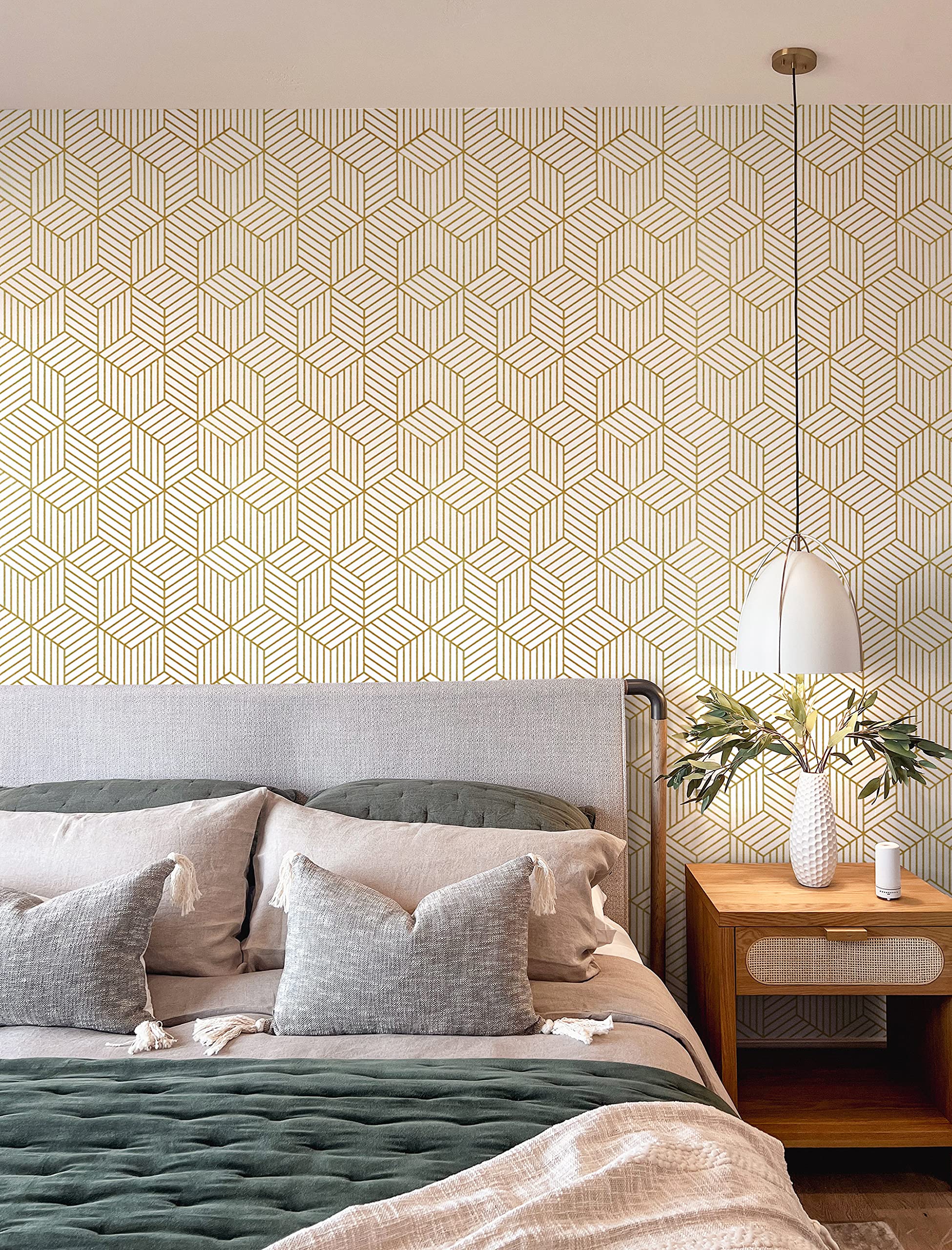 Geometric Wallpaper Peel and Stick Wallpaper Removable Self Adhesive Wall paper White/Gold Striped Hexagon Contact Paper for Cabinets Shelf Drawer Liner Renter Friendly Vinyl Roll 17.7"x118.1" Upgrade