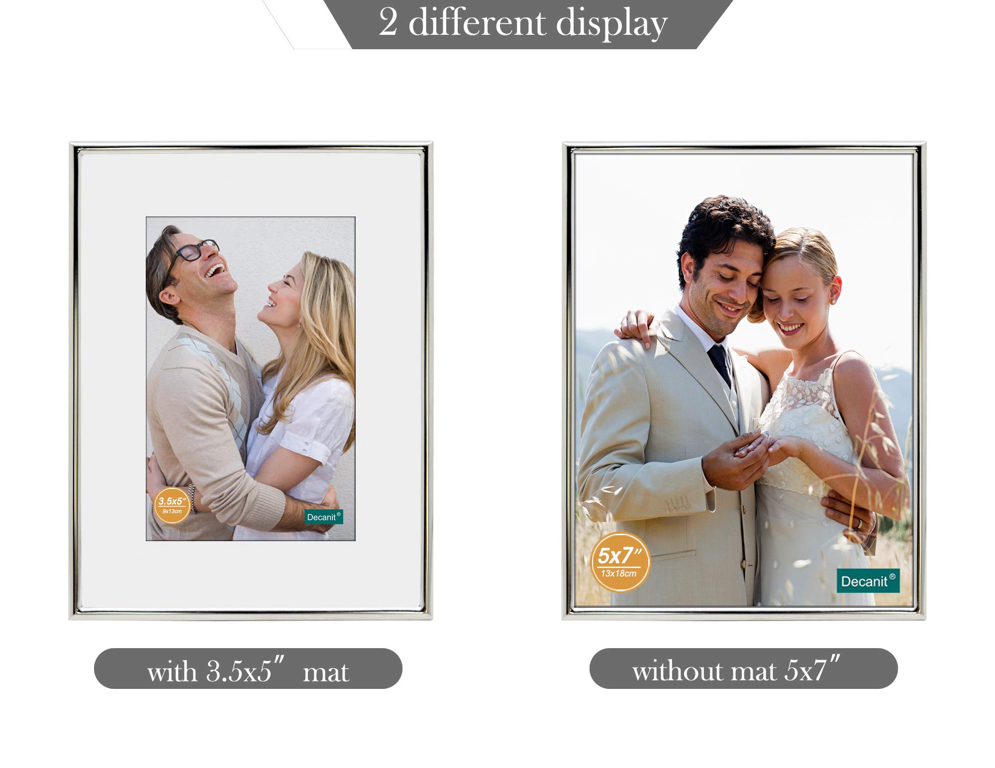 DECANIT 5x7 Picture Frame Set - Silver Metal Thin Frames for Wall or Tabletop Display of 3.5x5 Photos with Mat or 5x7 Without Mat - Gallery Wall Kit-6Pack