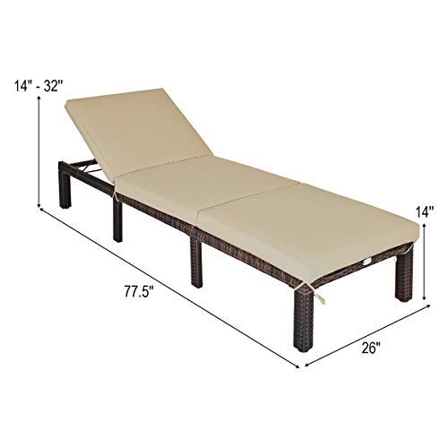 Outdoor Patio PE Rattan Chaise Lounge Lounger Recliner Chair Sunbathing Bed Soft Non-Woven Cushion With Zipper 6 Level Adjustable Backrest Steel Frame Ideal For Garden Balcony Terrace Pool Side Use