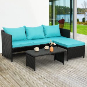 valita 3-piece outdoor pe rattan furniture set patio black wicker conversation loveseat sofa sectional couch turquoise cushion